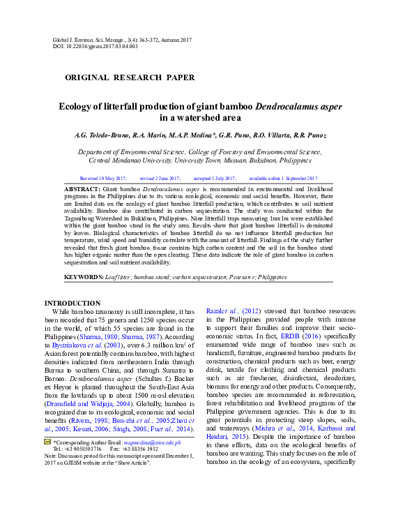 (PDF) Ecology of litterfall production of giant bamboo Dendrocalamus ...