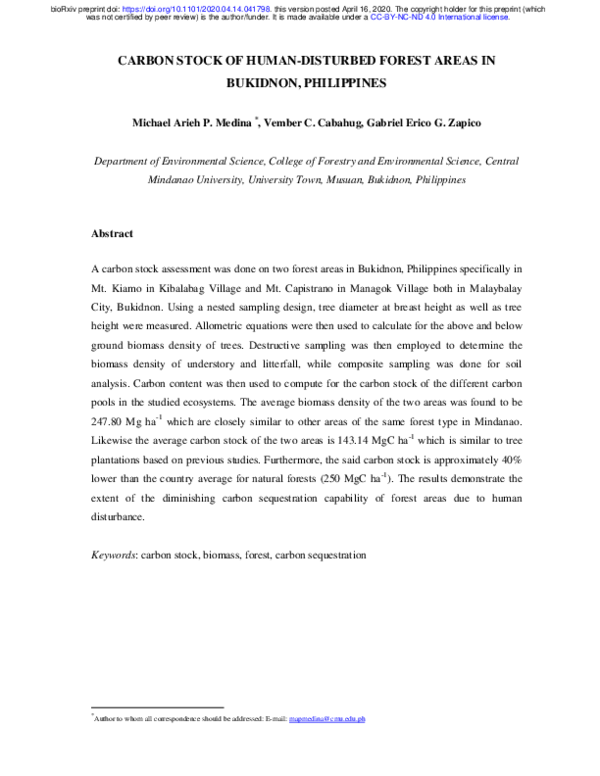 (PDF) Carbon Stock of Human-Disturbed Forest Areas in Bukidnon, Philippines