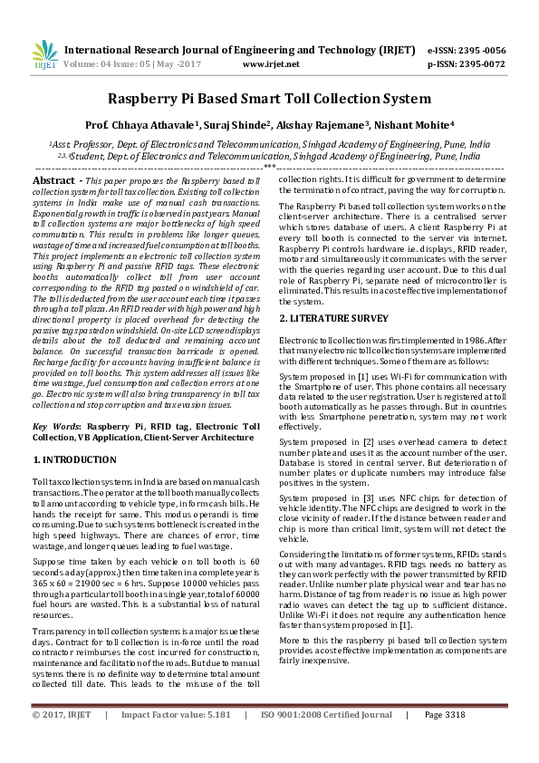(PDF) Raspberry Pi Based Smart Toll Collection System