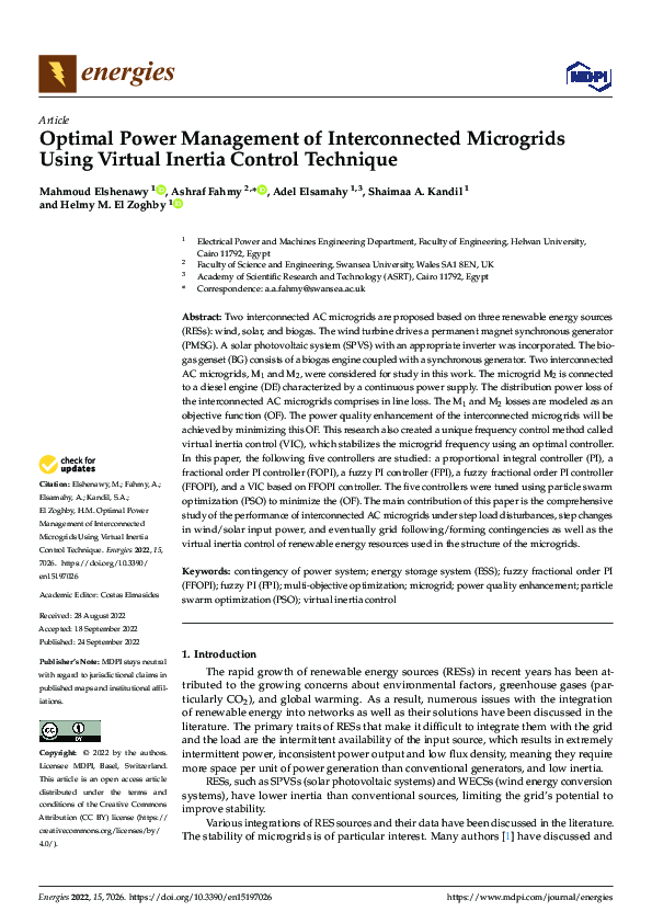(PDF) Optimal Power Management of Interconnected Microgrids Using Virtual Inertia Control Technique