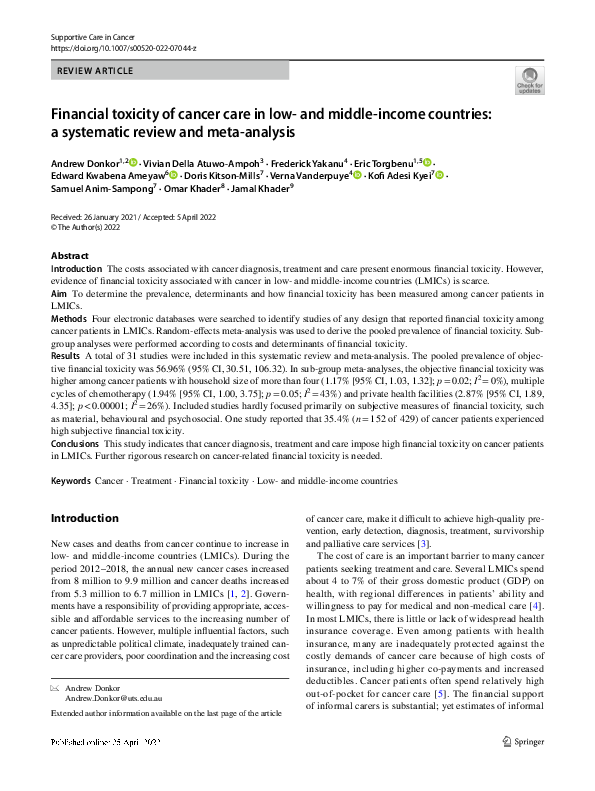 (PDF) Financial toxicity of cancer care in low and middle-income ...