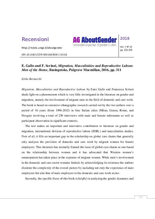 (PDF) Migration, Masculinities and Reproductive Labour