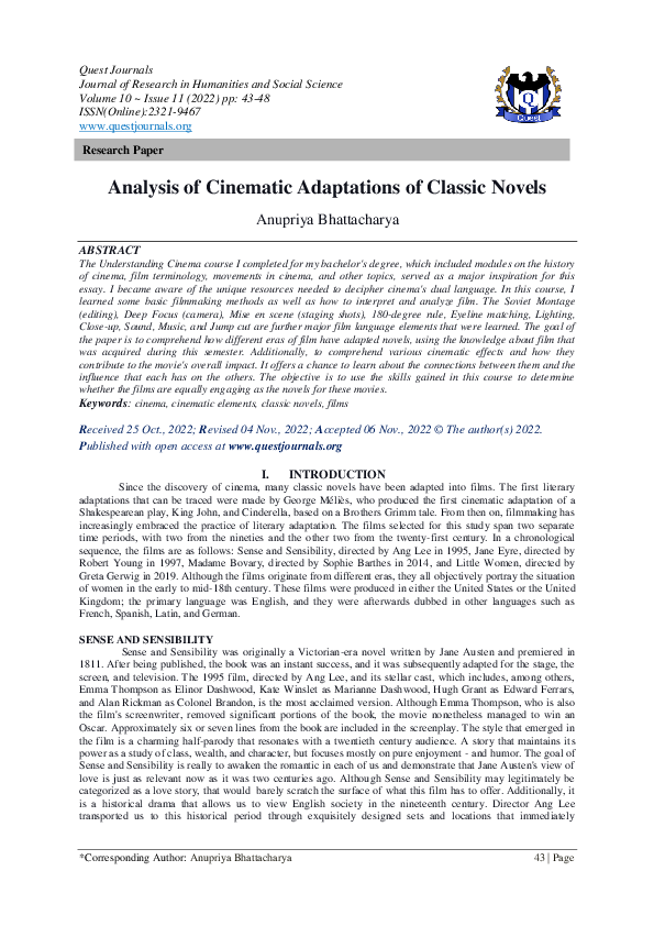 (PDF) Analysis of Cinematic Adaptations of Classic Novels