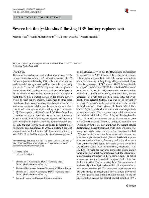 (PDF) Severe brittle dyskinesias following DBS battery replacement