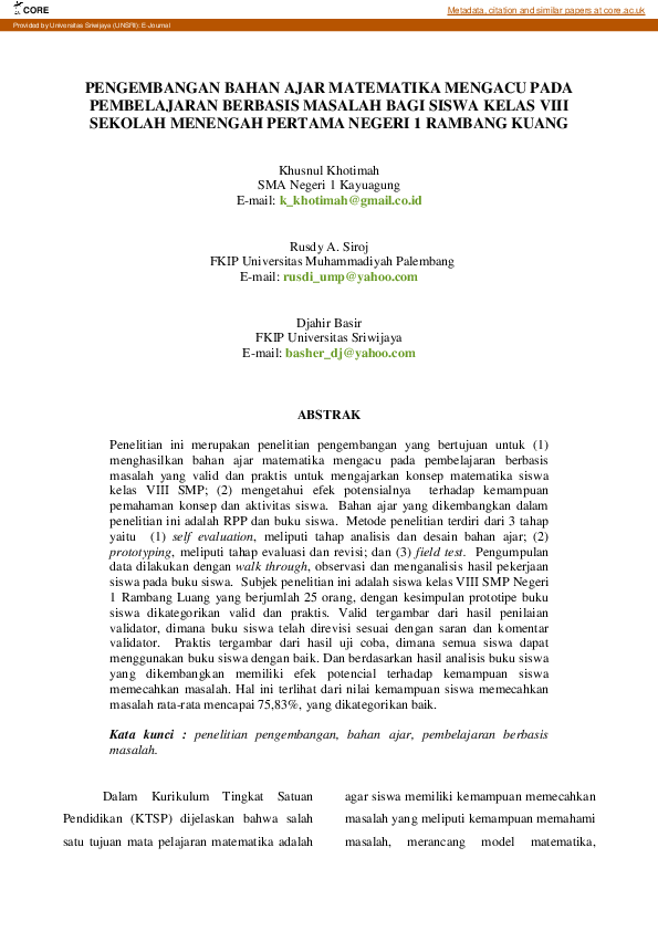 (PDF) Pengembangan Bahan Ajar Matematika Mengacu Pada Pembelajaran Berbasis Masalah Bagi Siswa ...