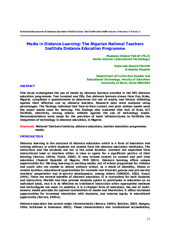 (PDF) Media in Distance Learning: The Nigerian National Teachers ...