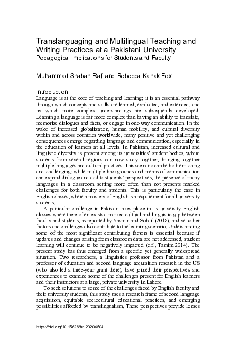 (PDF) Translanguaging and Multilingual Teaching and Writing Practices at a Pakistani University