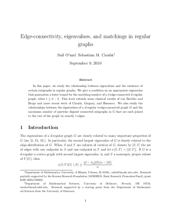 (PDF) Edge-Connectivity, Eigenvalues, and Matchings in Regular Graphs