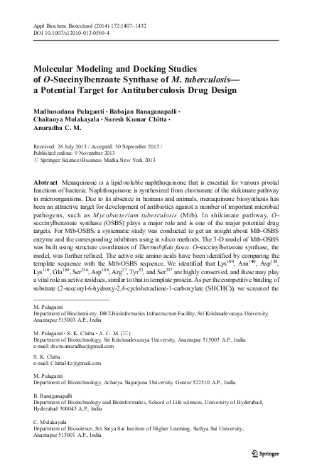 (PDF) Modeling Mtb-OSBS for Antituberculosis Drug Design