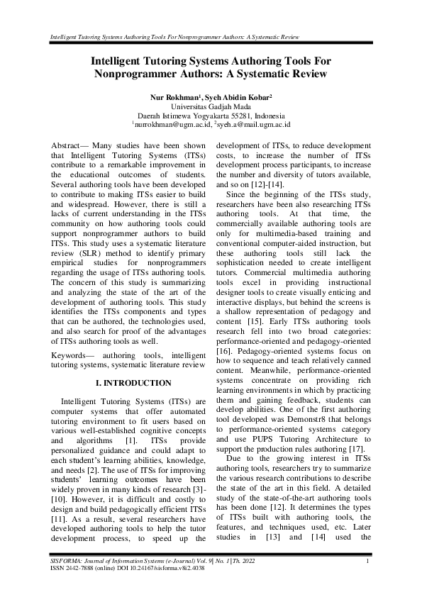 Pdf Intelligent Tutoring Systems Authoring Tools For Nonprogrammer Authors A Systematic Review