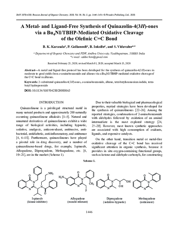 (PDF) A Metal- and Ligand-Free Synthesis of Quinazolin-4(3H)-ones via a Bu4NI/TBHP-Mediated ...