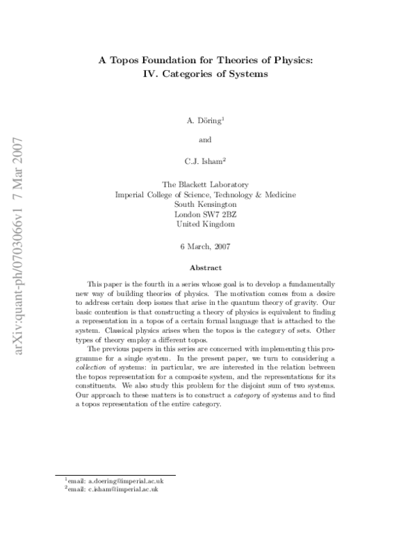 (PDF) A topos foundation for theories of physics: IV. Categories of systems