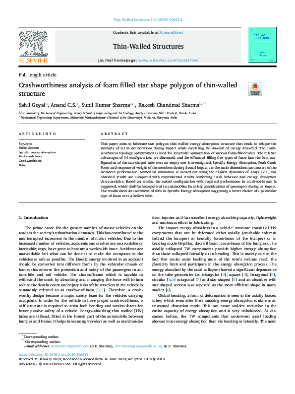 (PDF) Crashworthiness analysis of foam filled star shape polygon of thin-walled structure