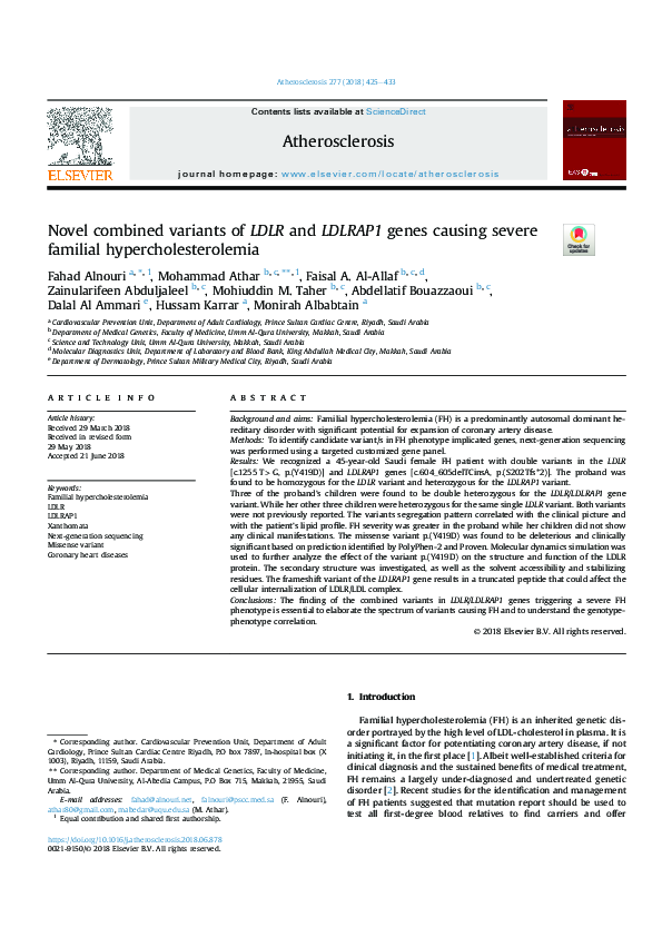 (PDF) Novel combined variants of LDLR and LDLRAP1 genes causing severe ...