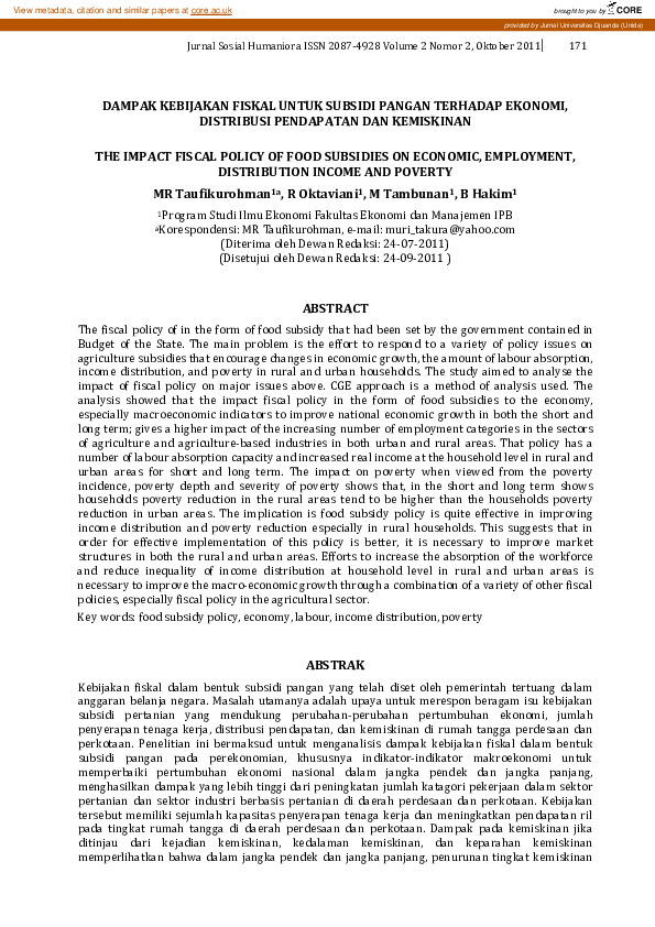 (PDF) Dampak Kebijakan Fiskal Untuk Subsidi Pangan Terhadap Ekonomi ...