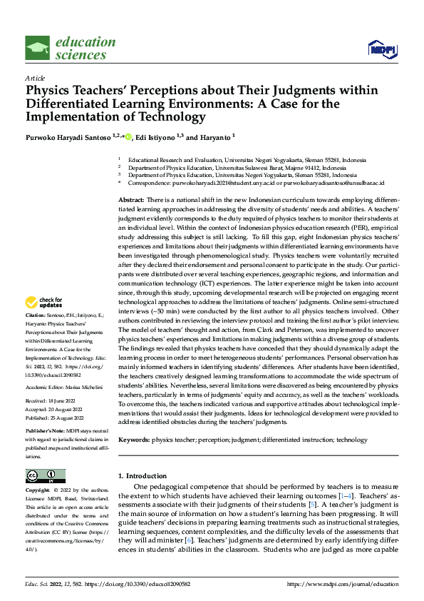 (PDF) Physics Teachers’ Perceptions about their Judgment within Differentiated Learning ...