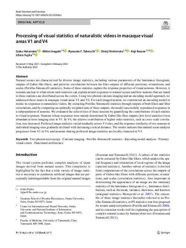 (PDF) Processing of visual statistics of naturalistic videos in macaque visual areas V1 and V4