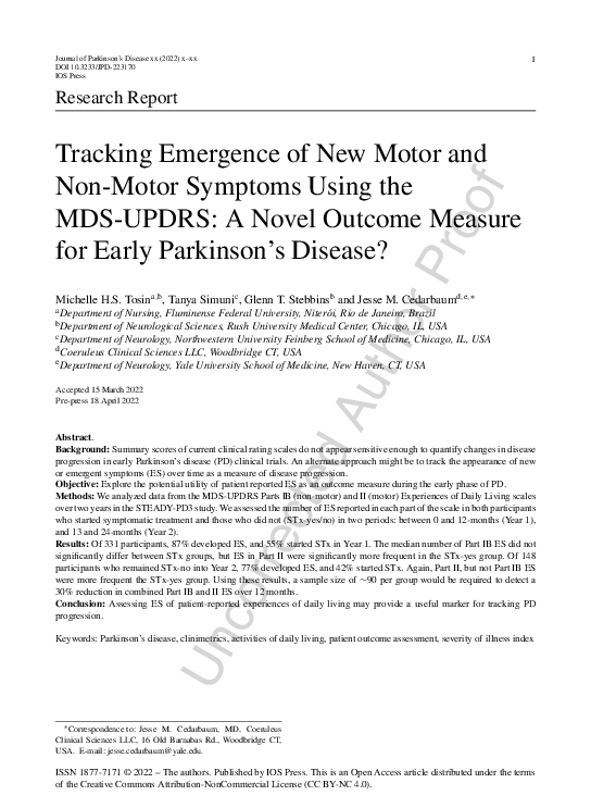 (PDF) Tracking Emergence of New Motor and Non-Motor Symptoms Using the ...