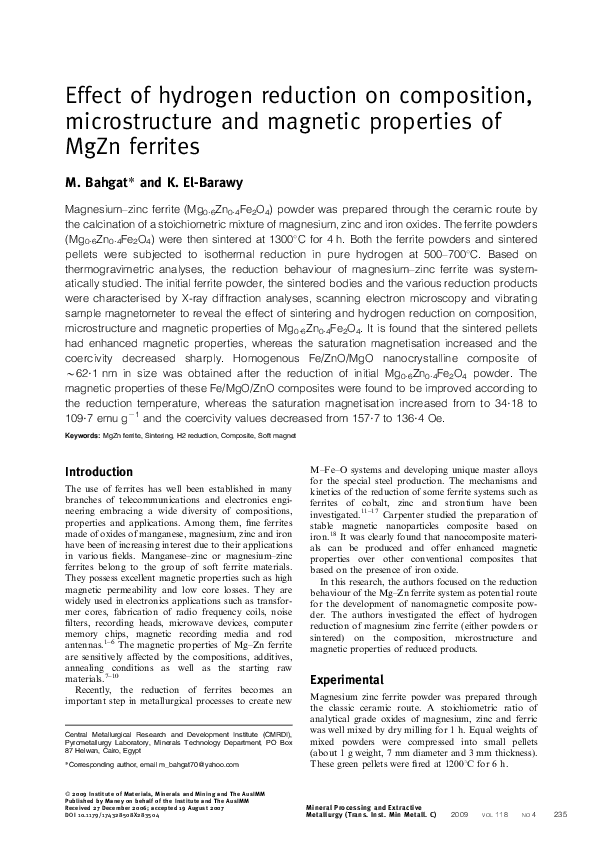 (PDF) Effect of hydrogen reduction on composition, microstructure and ...