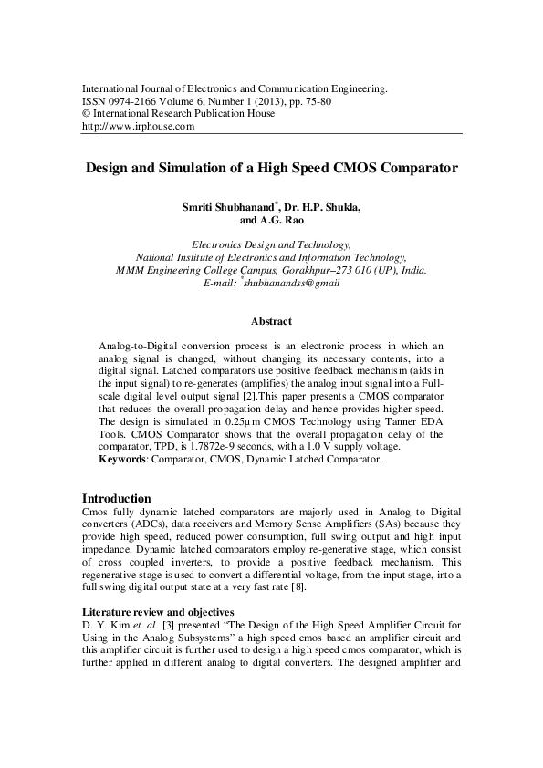 Pdf Design And Simulation Of A High Speed Cmos Comparator