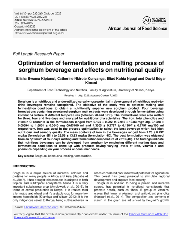 (PDF) Optimization of fermentation and malting process of sorghum ...