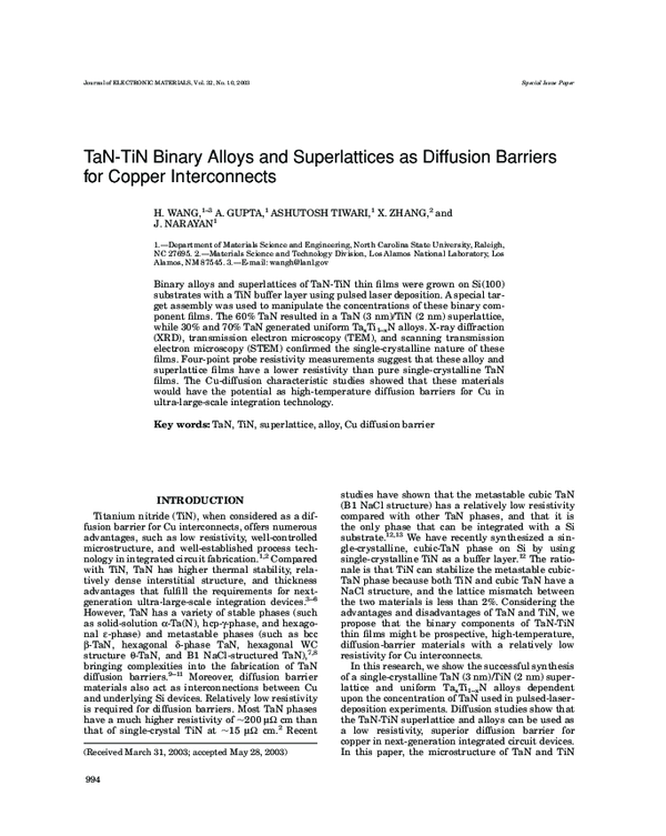 (PDF) TaN-TiN binary alloys and superlattices as diffusion barriers for ...