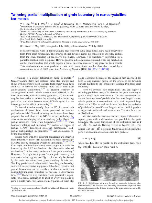 (PDF) Twinning partial multiplication at grain boundary in ...