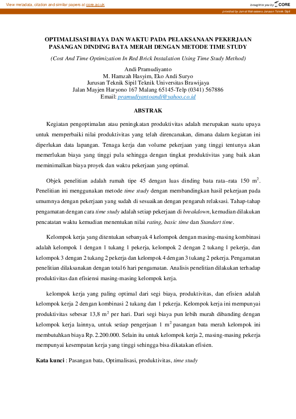 (PDF) Optimalisasi Biaya Dan Waktu Pada Pelaksanaan Pekerjaan Pasangan ...