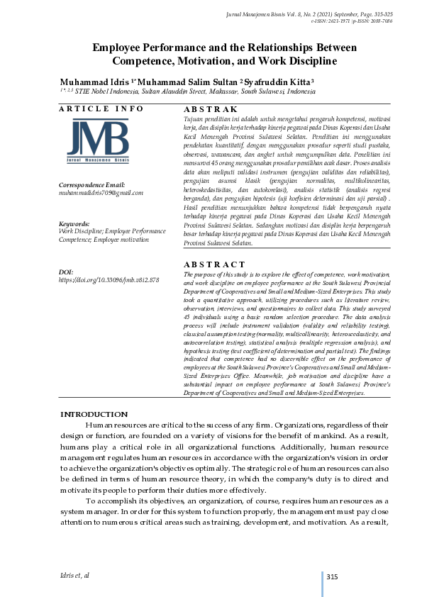 (PDF) Employee Performance and the Relationships Between Competence, Motivation, and Work Discipline