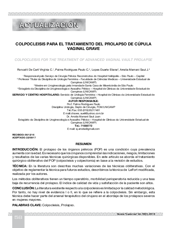 (PDF) Colpocleisis para el tratamiento del prolapso de cúpula vaginal grave