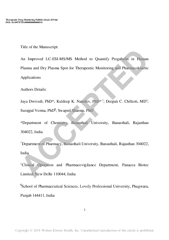 (PDF) An Improved LC-ESI-MS/MS Method to Quantify Pregabalin in Human Plasma and Dry Plasma Spot ...