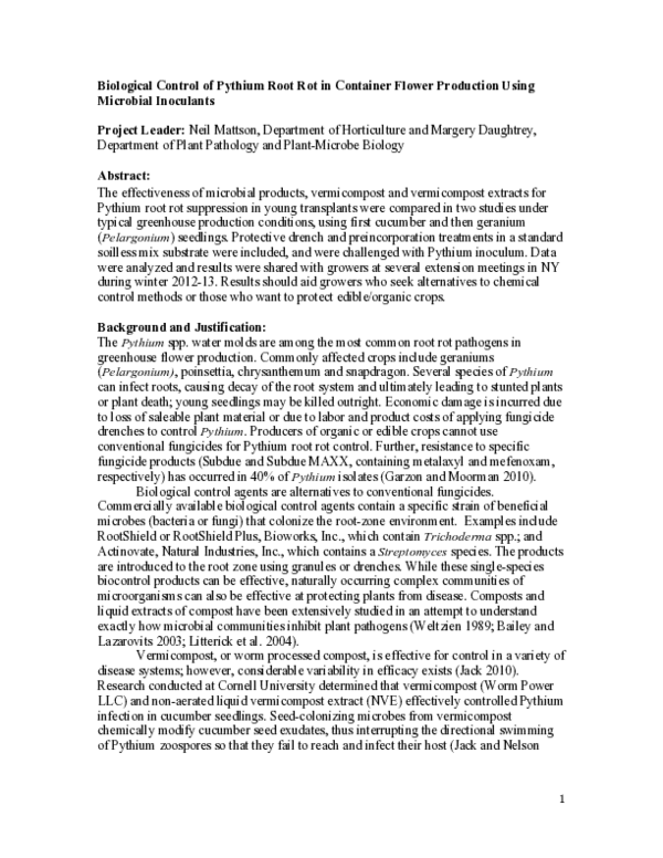 Pdf Biological Control Of Pythium Root Rot In Container Flower Production Using Microbial