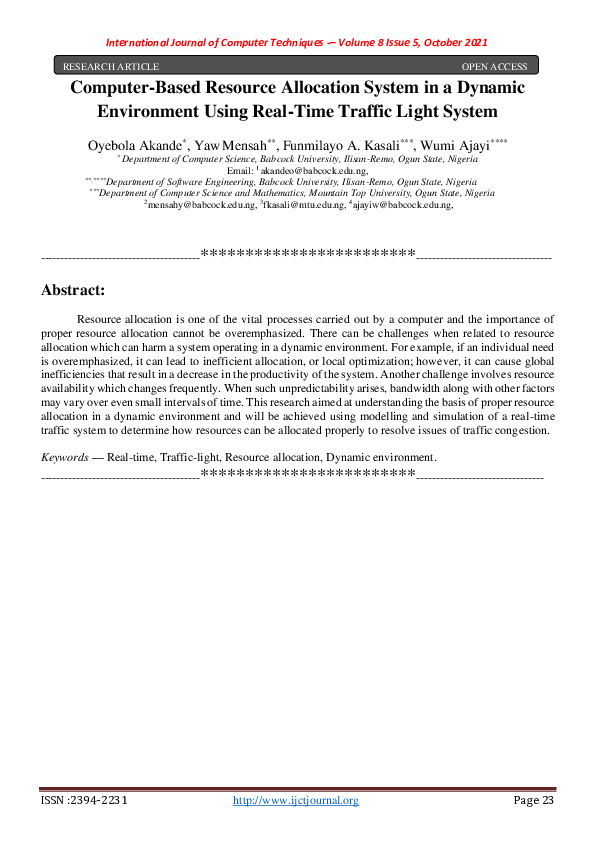 (PDF) Computer-Based Resource Allocation System in a Dynamic Environment Using Real-Time Traffic ...
