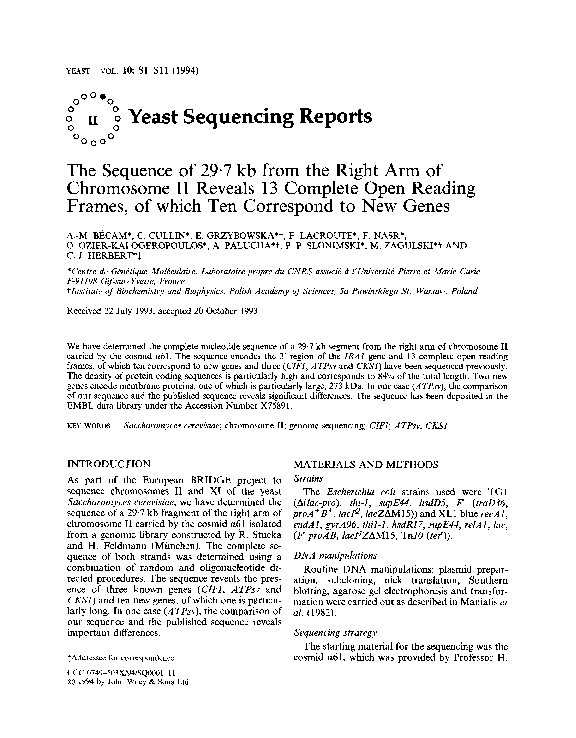 (PDF) II. Yeast Sequencing Reports. The sequence of 29·7 kb from the ...