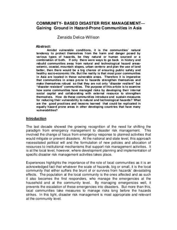 (PDF) Community-Based Disaster Risk Management: Gaining Ground in ...