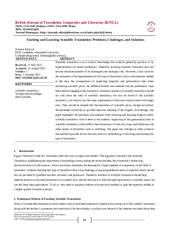 (PDF) Teaching and Learning Scientific Translation: Problems ... (PDF) Teaching and Learning Scientific Translation: Problems ...