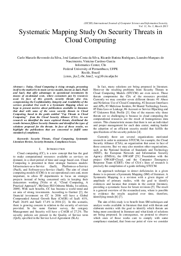 (PDF) Systematic Mapping Study On Security Threats in Cloud Computing ...
