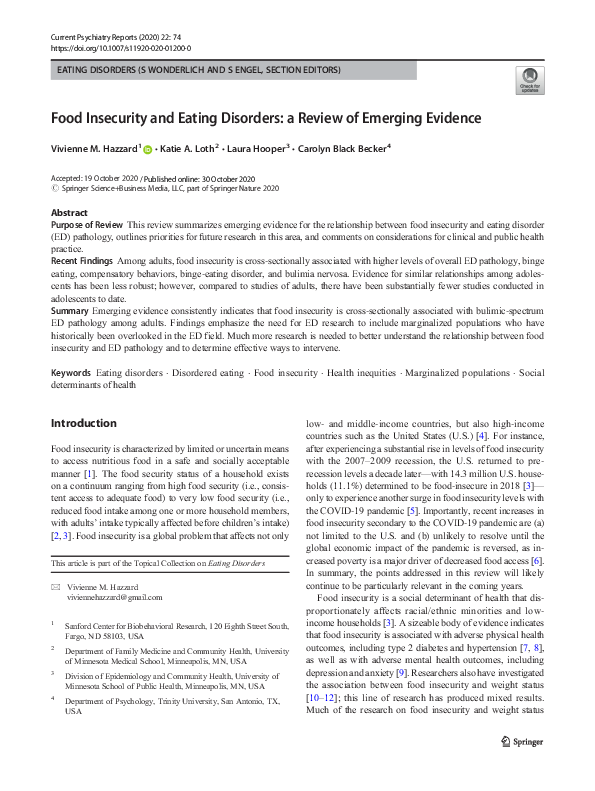 (PDF) Food Insecurity and Eating Disorders: a Review of Emerging Evidence