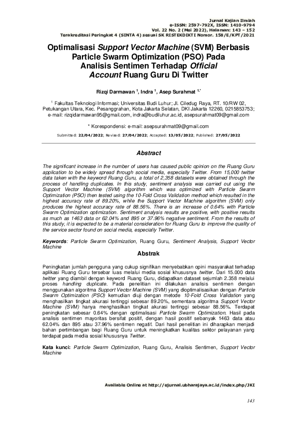 (PDF) Optimalisasi Support Vector Machine (SVM) Berbasis Particle Swarm Optimization (PSO) Pada ...