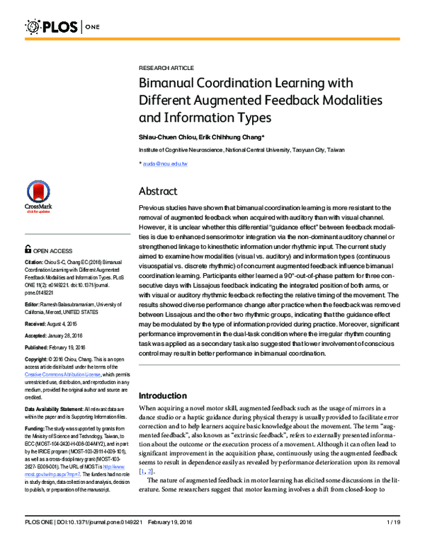 (PDF) Bimanual Coordination Learning with Different Augmented Feedback Modalities and ...