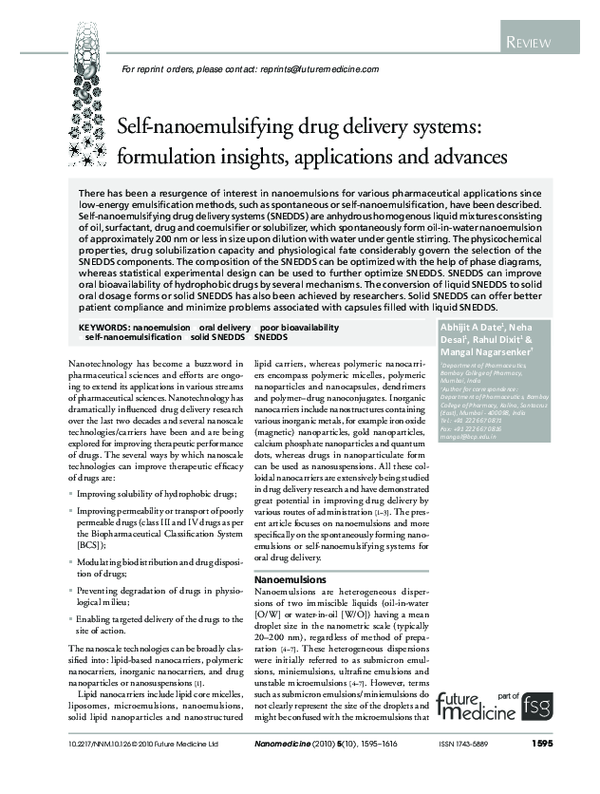 Pdf Self Nanoemulsifying Drug Delivery Systems Formulation Insights