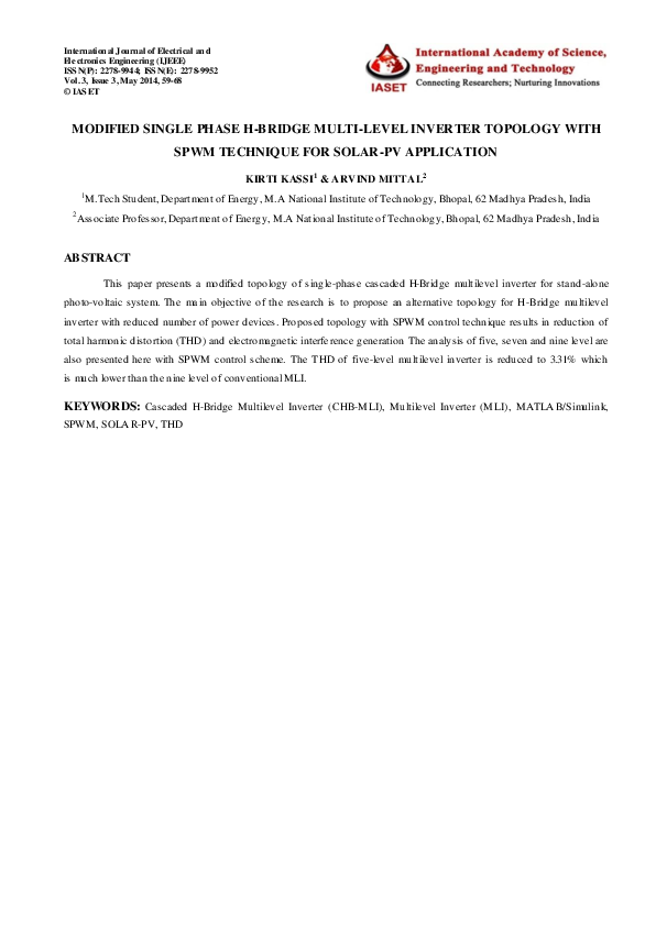 (PDF) Modified Single Phase H-Bridge Multi-Level Inverter Topology with SPWM Technique for Solar ...