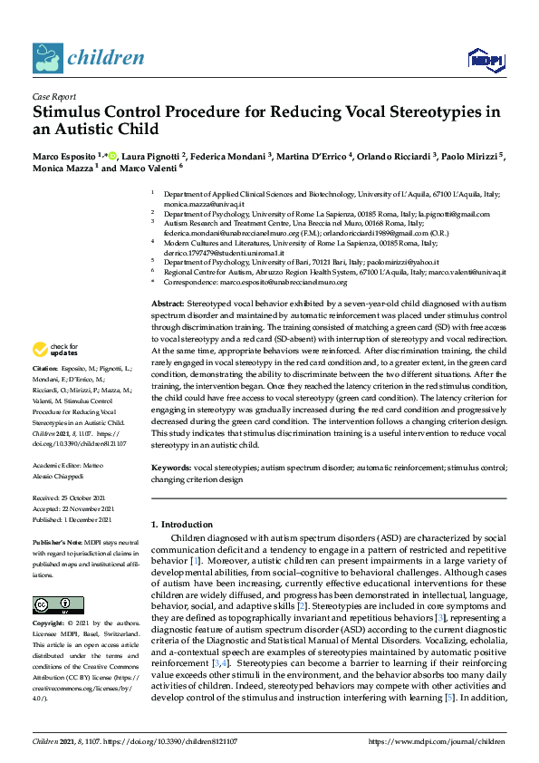 (PDF) Stimulus Control Procedure for Reducing Vocal Stereotypies in an ...