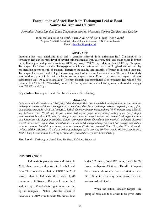 (PDF) Formulation of Snack Bar from Torbangun Leaf as Food Source for ...