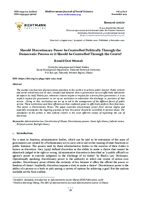(PDF) Should Discretionary Power be Controlled Politically Through the ...