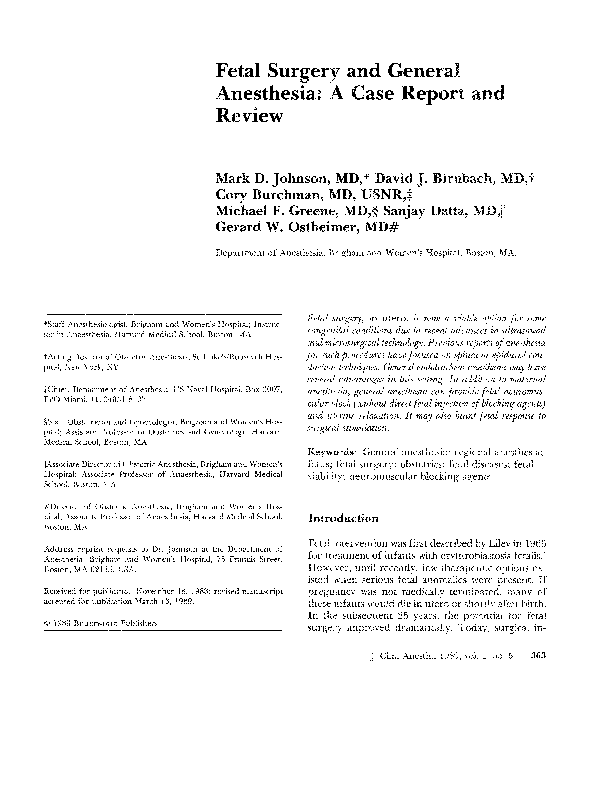 (PDF) Fetal surgery and general anesthesia: A case report and review