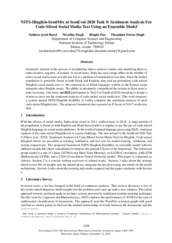 Pdf Nits Hinglish Sentimix At Semeval 2020 Task 9 Sentiment Analysis For Code Mixed Social
