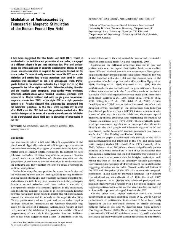 (PDF) Modulation of Antisaccades by Transcranial Magnetic Stimulation of the Human Frontal Eye Field