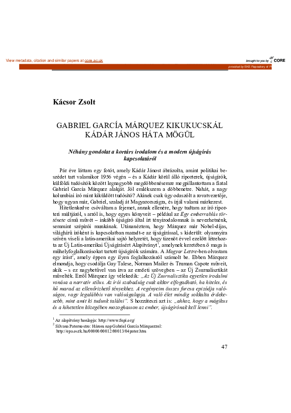 (PDF) Gabriel García Márquez kikukucskál Kádár János háta mögül