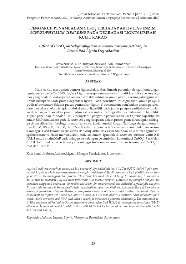 (PDF) Pengaruh Penambahan CUSO4 Terhadap Aktivitas Enzim Schyzophyllum Commune Pada Degradasi ...